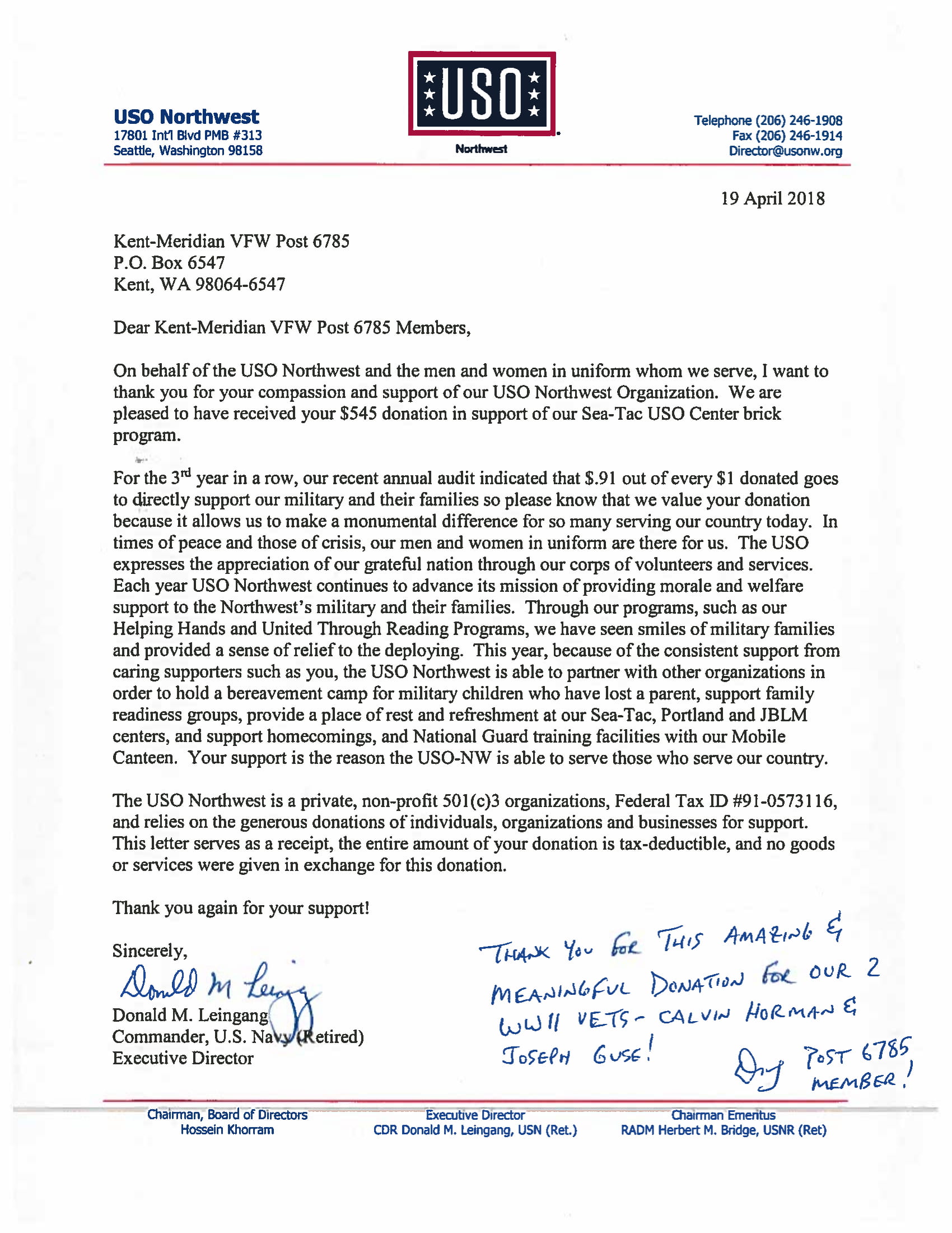 USO Appreciation Letter | VFW Post 6785